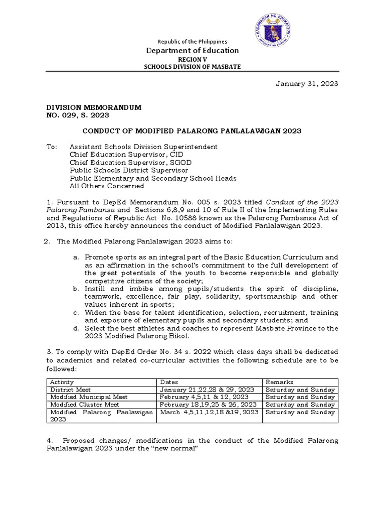 Final Revised Memo For Division Modified Palarong Panlalawigan 1 | PDF ...