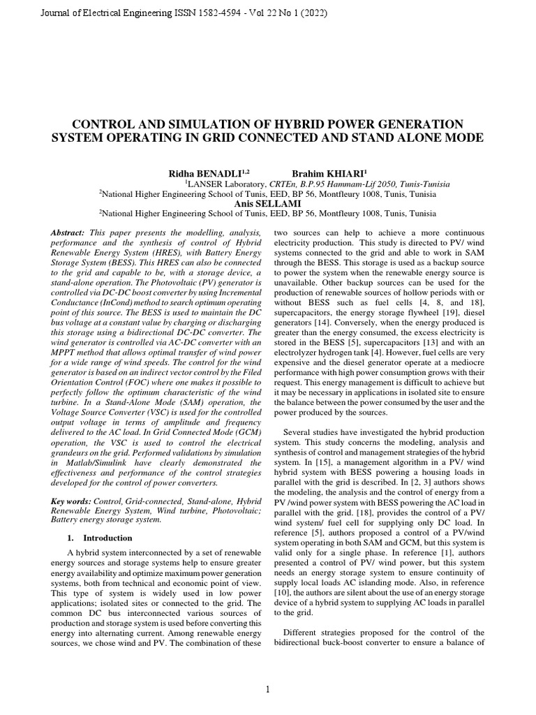 Control and Simulation of Hybrid Power Generation System Operating in ...