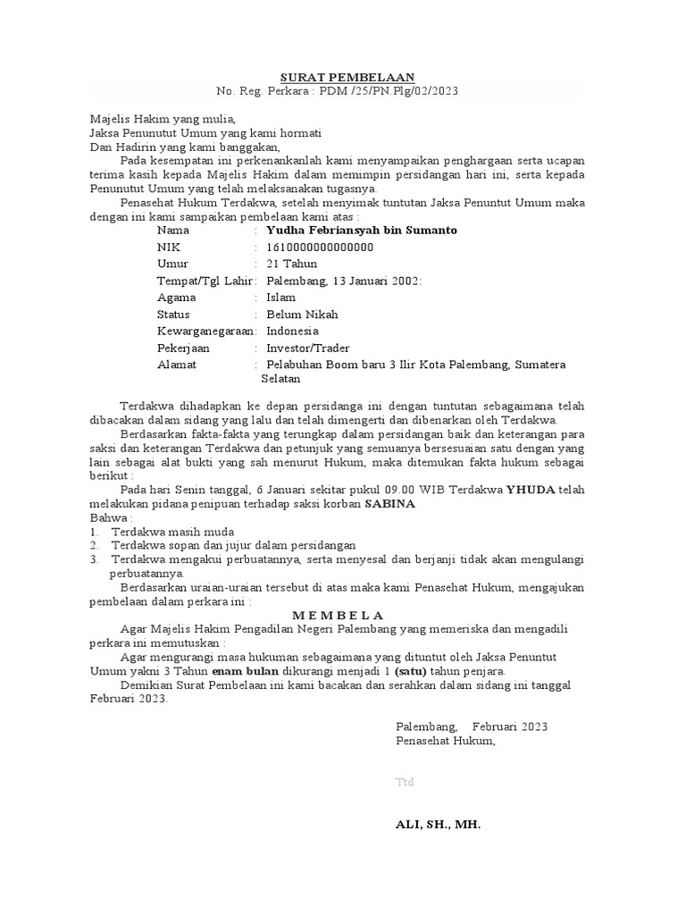 Surat Pembelaan Pledoi | PDF Surat Pembelaan Pledoi | PDF