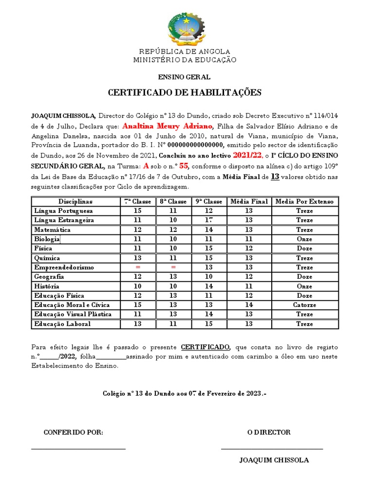 Certificado Da 9 Classe 2021 2022 | PDF | Ensino médio