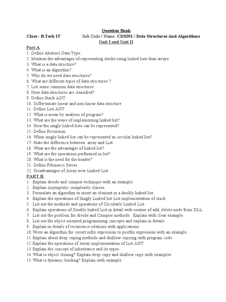 Question Bank - DS Unit I and Unit II | PDF