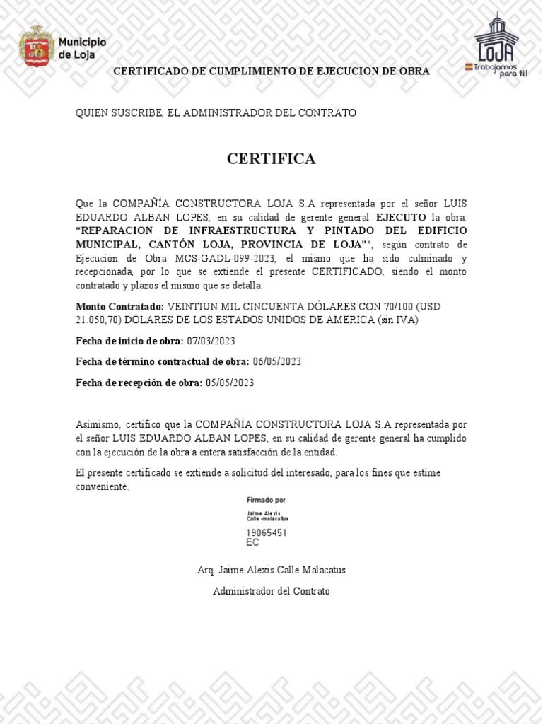 Certificado de Cumplimiento de Ejecucion de Obra | PDF