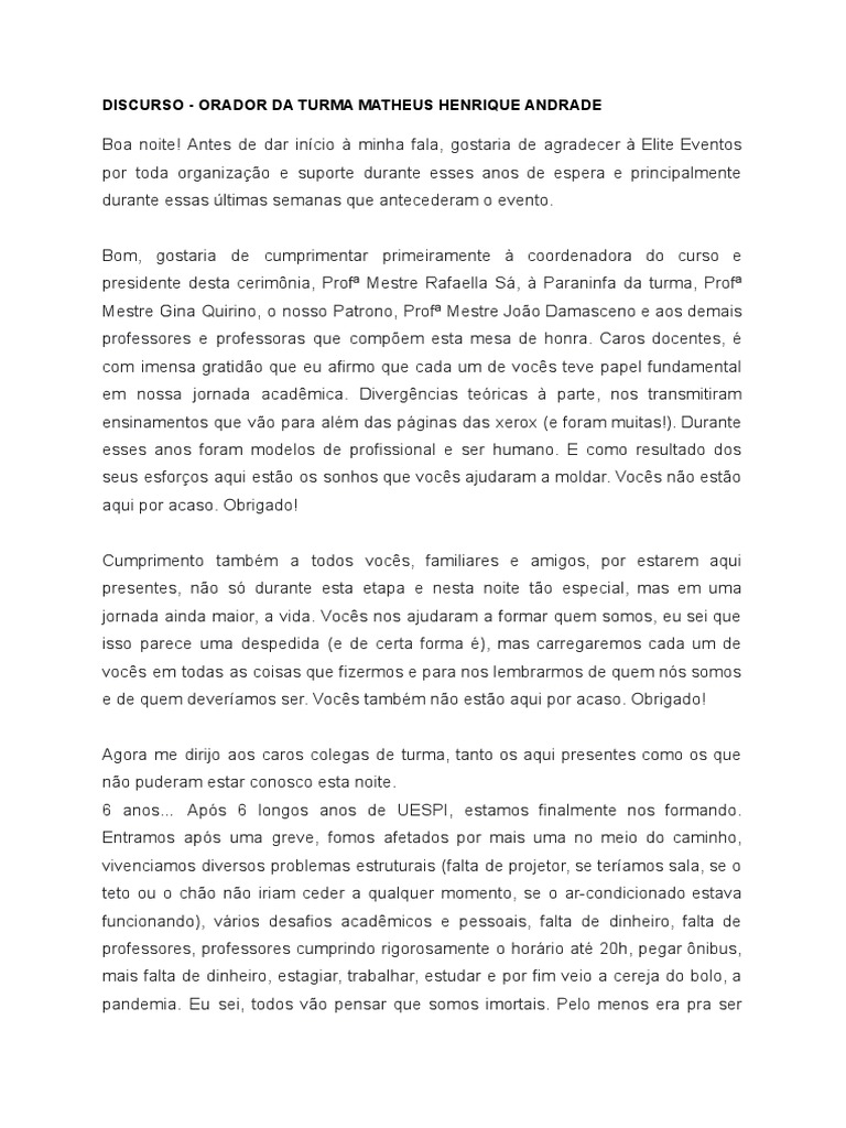 Modelo DISCURSO de FORMATURA | PDF | Tempo | Vida