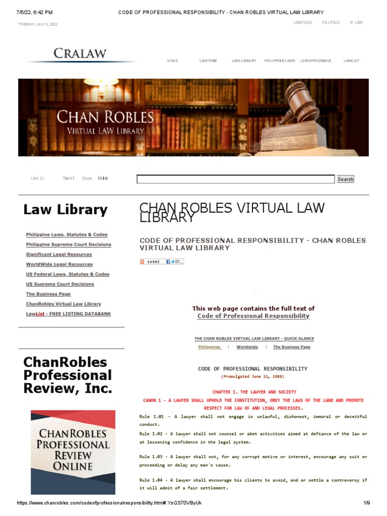 Code of Professional Responsibility - Chan Robles Virtual Law Library | PDF | Lawyer | Practice ...