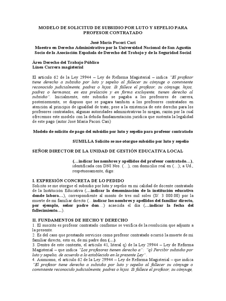 Modelo de Solicitud de Subsidio Por Luto y Sepelio para Profesor ...