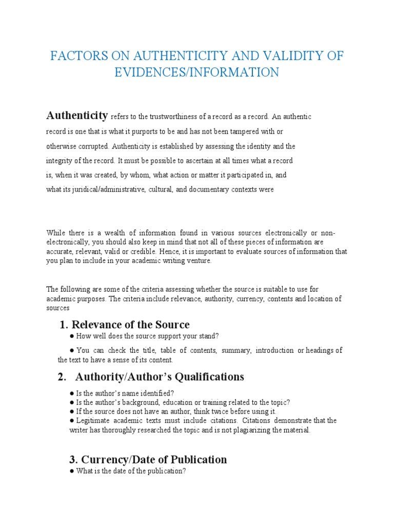 Factors On Authenticity and Validity of Evidences | PDF | Validity ...