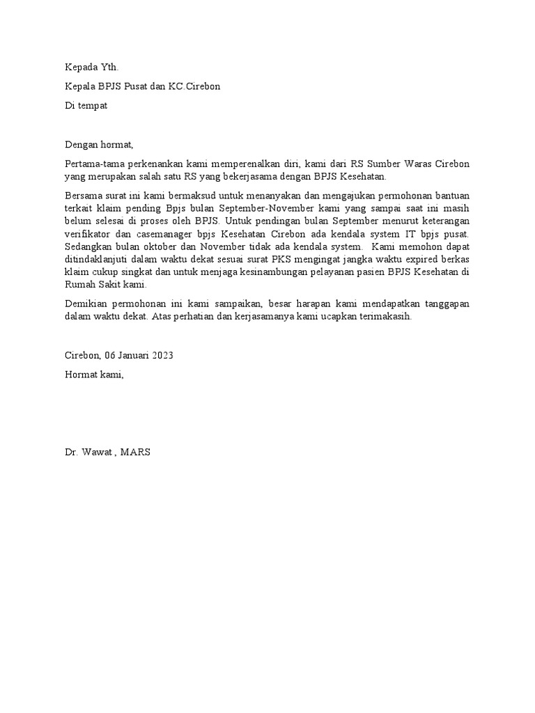 Surat Penyelesaian Klaim Pending Bpjs | PDF