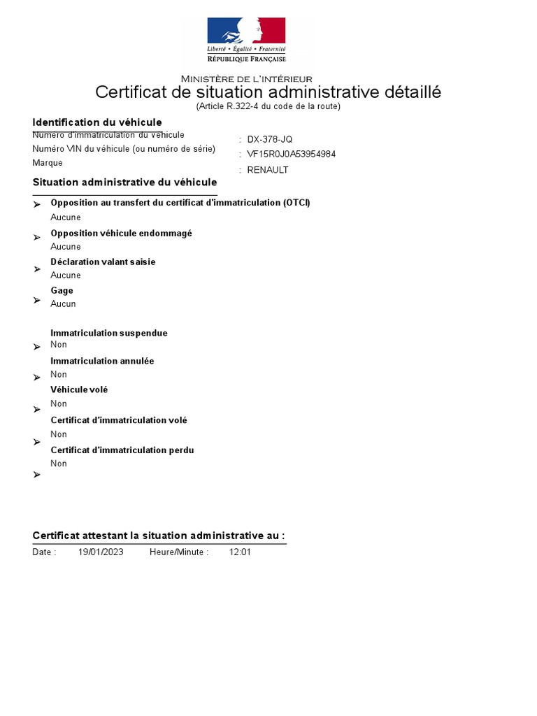 Certificat de Situation Administrative Détaillé: Identification Du Véhicule | PDF | Véhicules ...