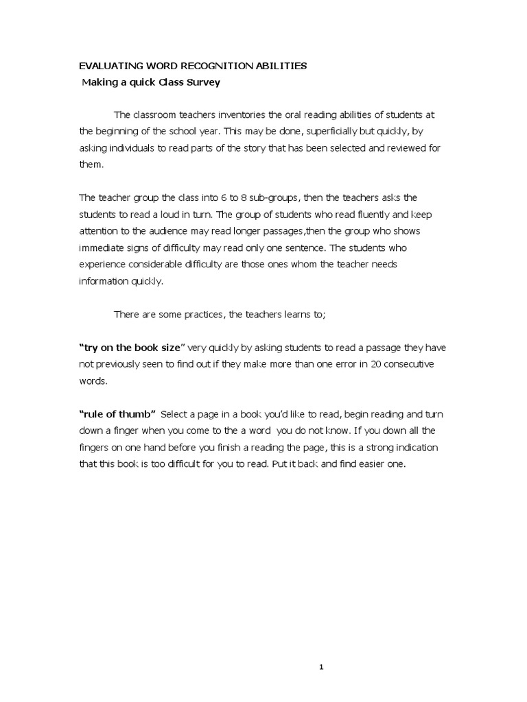 Evaluating Word Recognition Abilities 1 | PDF | Reading Comprehension ...