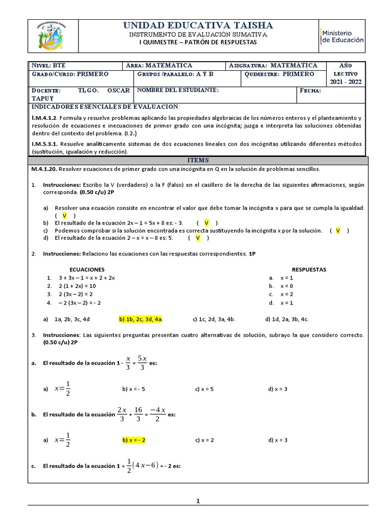 Eval. Mate 1ro Bte Iq | PDF | Ecuaciones | Matemáticas Aplicadas