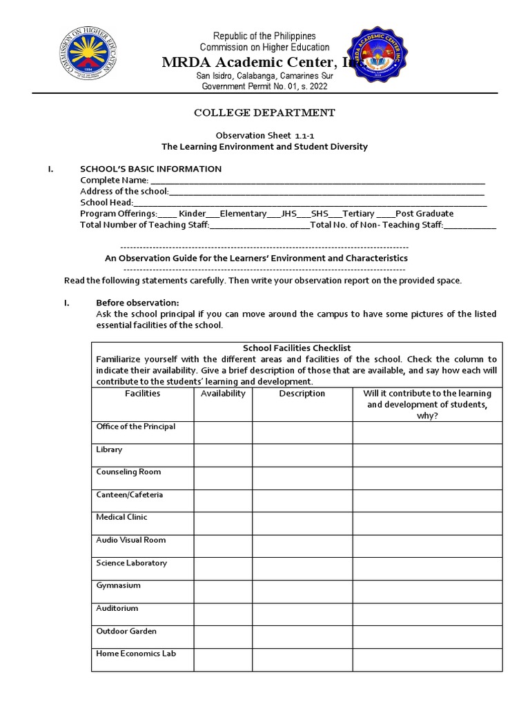 Observation Sheet 1 | Download Free PDF | Teachers | Differentiated ...