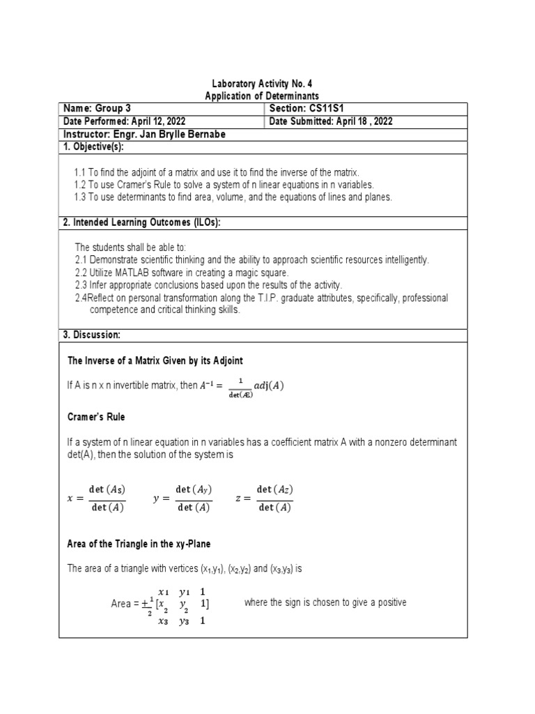 Group 3 Laboratory 4 - Application of Determinants | PDF | Matrix ...
