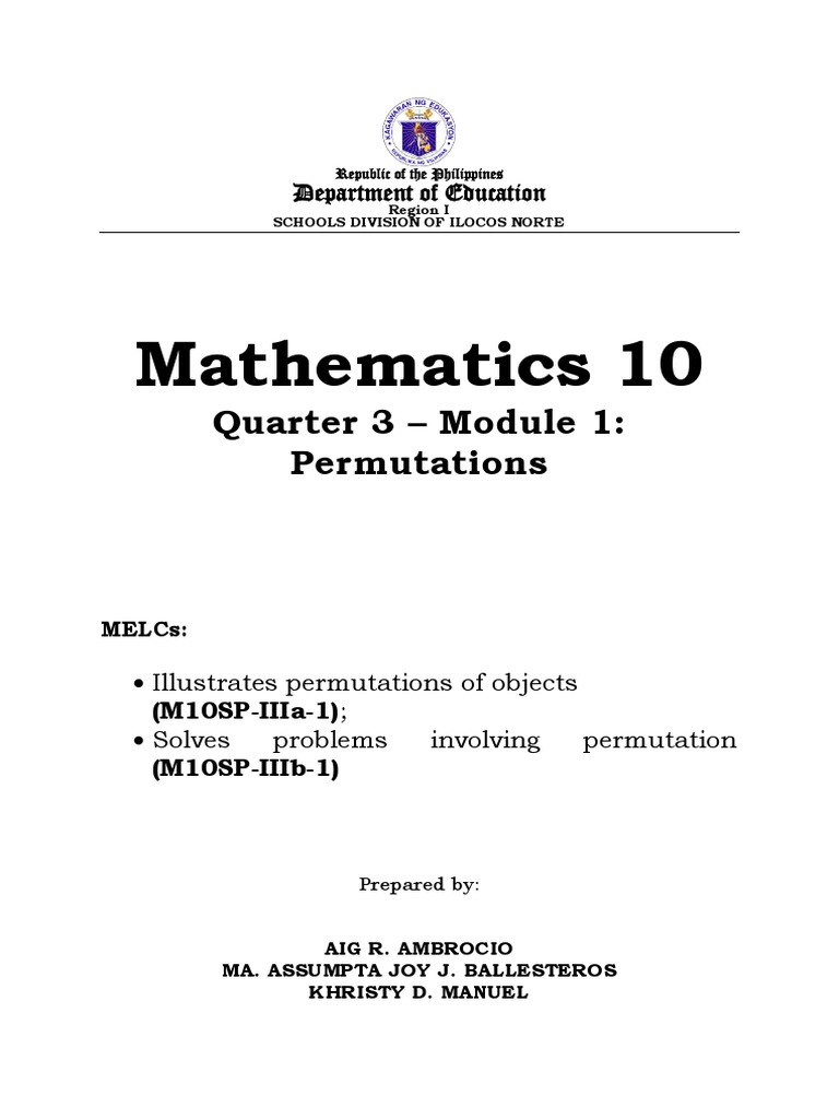 Math 10 Quarter3 Module1 Week1to2 | PDF | Permutation | Numbers