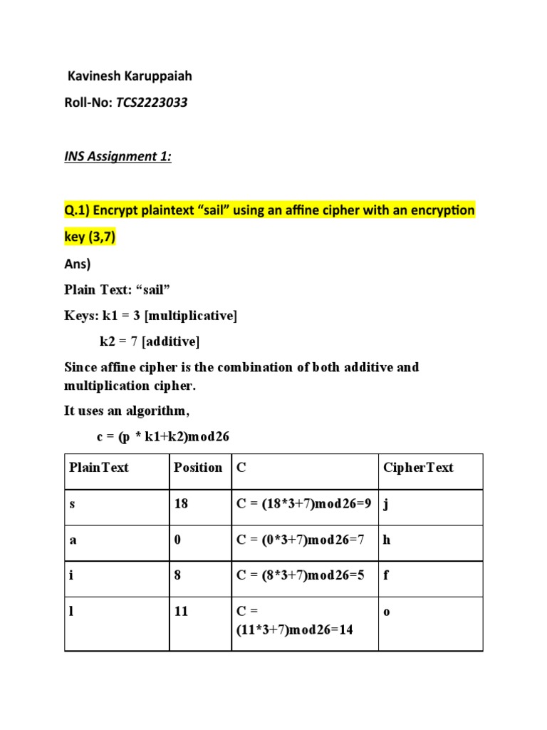 INS - Assignment 1 (TCS2223033) | PDF | Encryption | Cryptography
