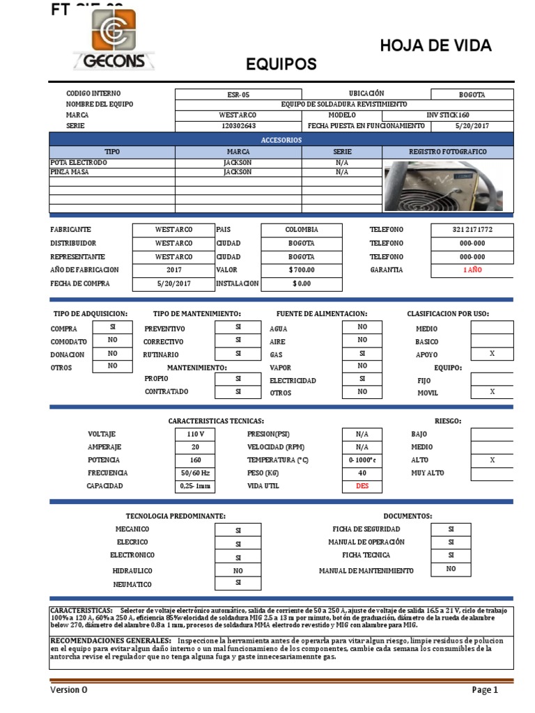 Hoja de Vida de Equipo Soldadura Esr-05 | PDF | Soldadura | Construcción