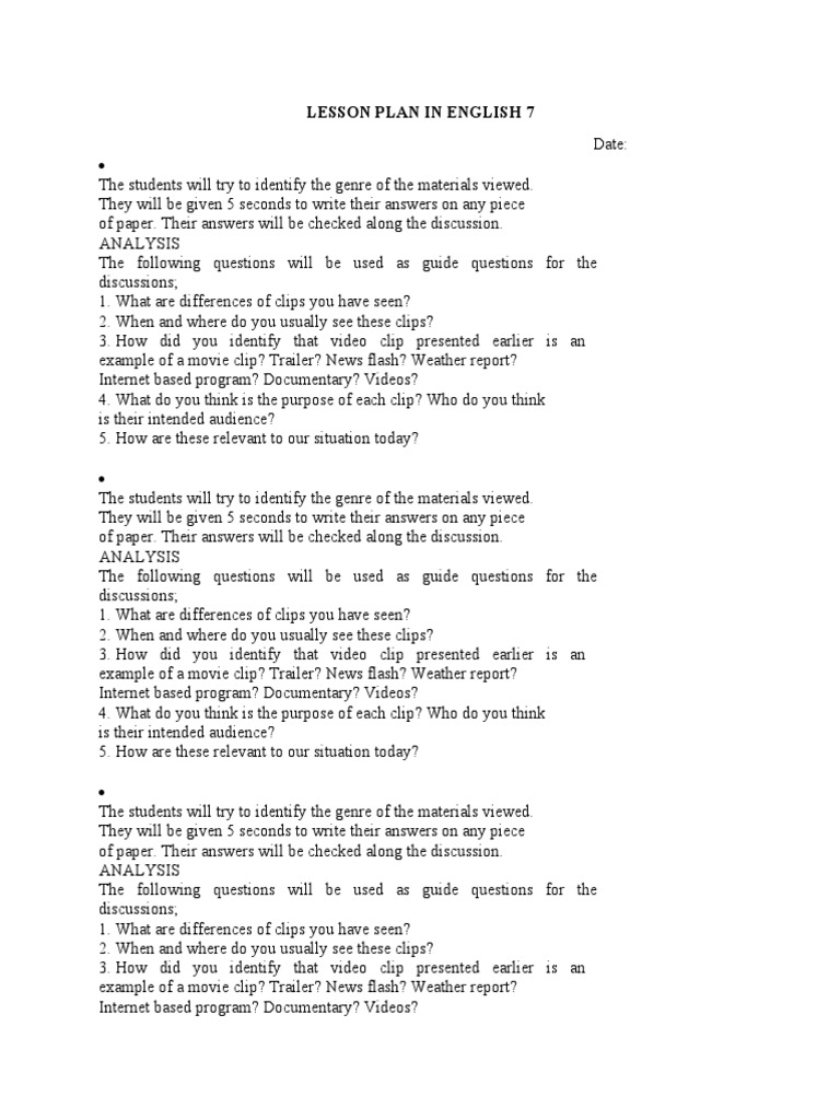 English 7 Lesson Plan: Video Genres | PDF | Genre | Lesson Plan