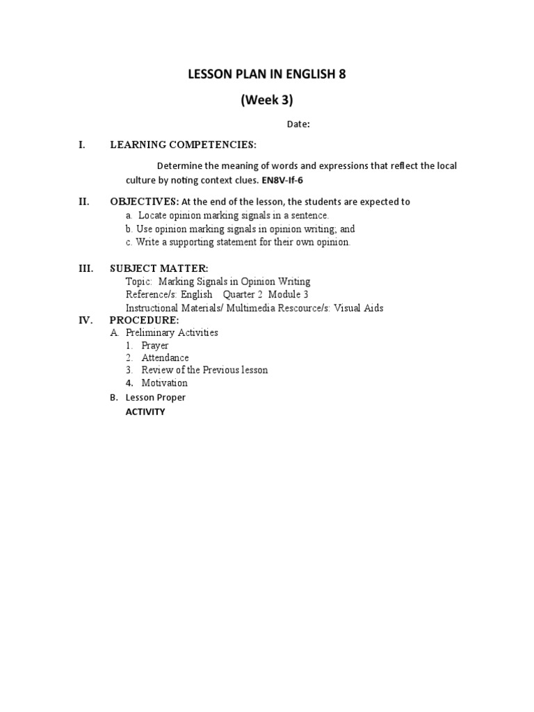 Lesson Plan in English 8 Q2 W3 | PDF | Pandemic