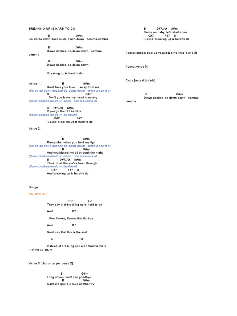 Breaking Up Is Hard to Do: Lyrics and Chords to the 1962 Hit Song by ...