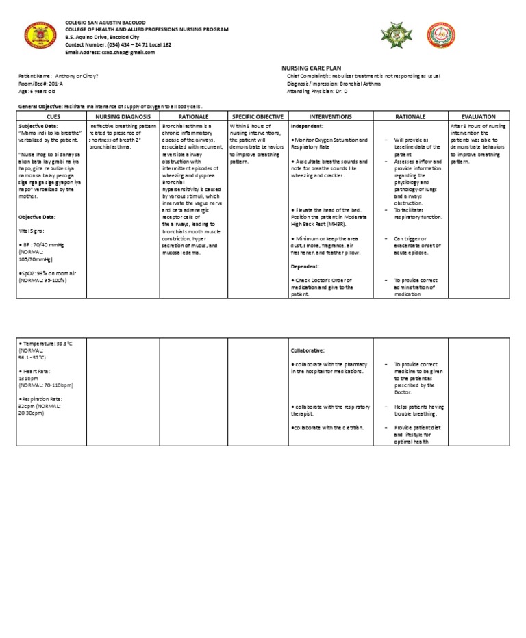 Nursing Care Plan: Cues Nursing Diagnosis Rationale Specific Objective ...