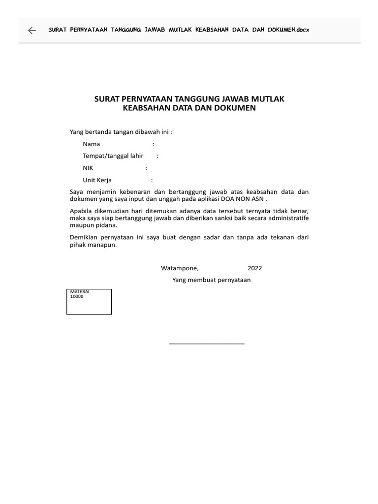 Surat Pernyataan Tanggung Jawab Mutlak Keabsahan Data Dan Dokumen | PDF