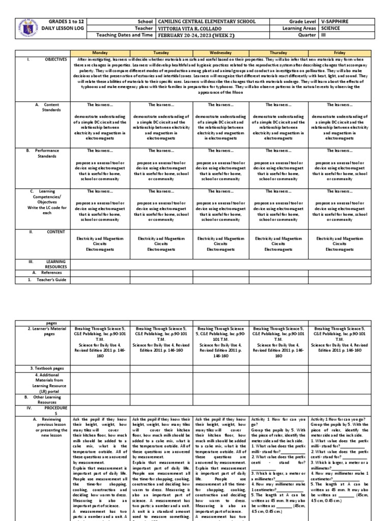 Grade 5 DLL Science 5 q3 Week 2 | PDF | Weight | Mass