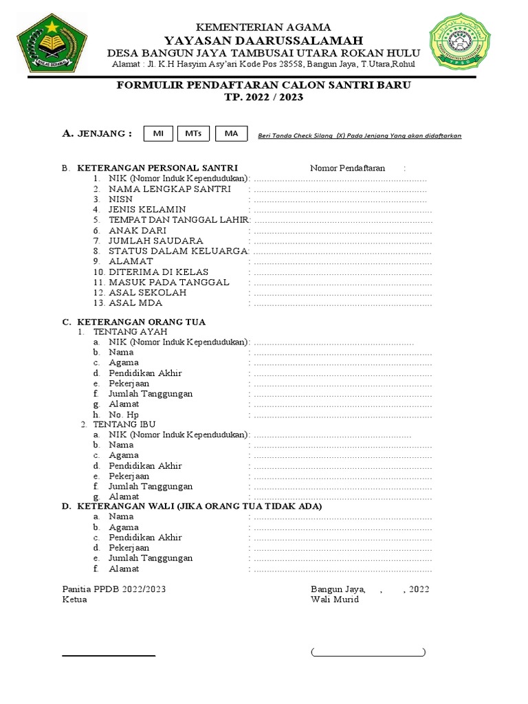 Formulir Pendaftaran Santri Baru | PDF