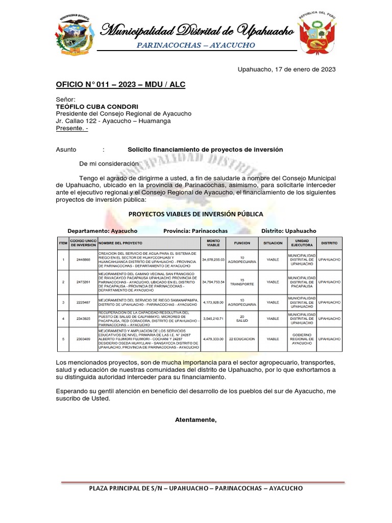 Oficio #10-2023-MDU - SOLICITO FINANCIAMIENTO | PDF