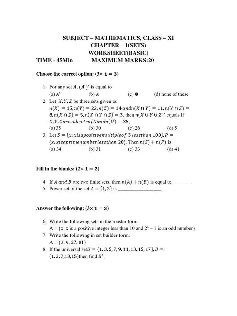 WS Class XI Sets | PDF | Set (Mathematics) | Mathematics