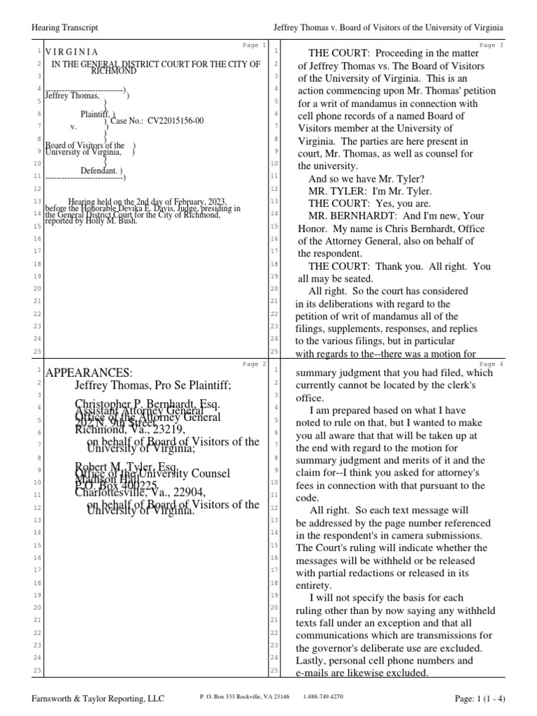 2.2.23 Hearing Transcript - Jeffrey Thomas v. Board of Visitors of The ...