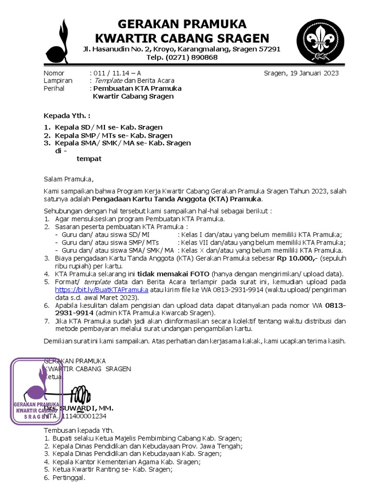 SRT Edaran KTA Pramuka Tahun 2023 | PDF