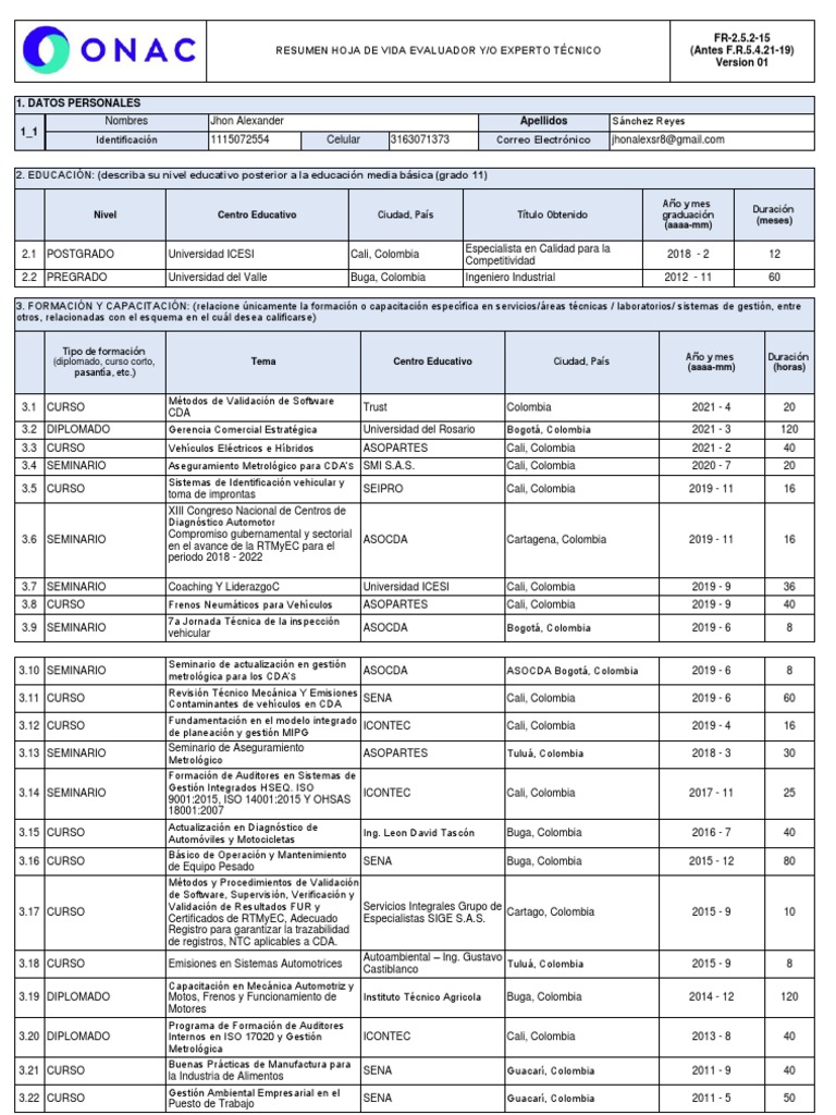 Hoja de Vida - Formato ONAC | PDF