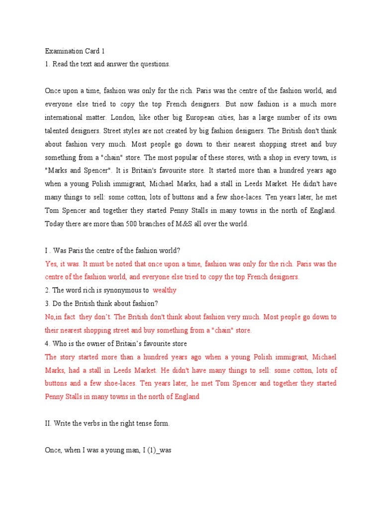 Examination Card 1 | PDF