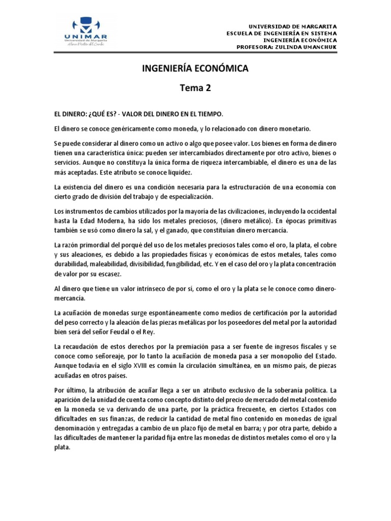 INGENIERÍA ECONÓMICA Tema II 2 Act | PDF | Interés | Dinero