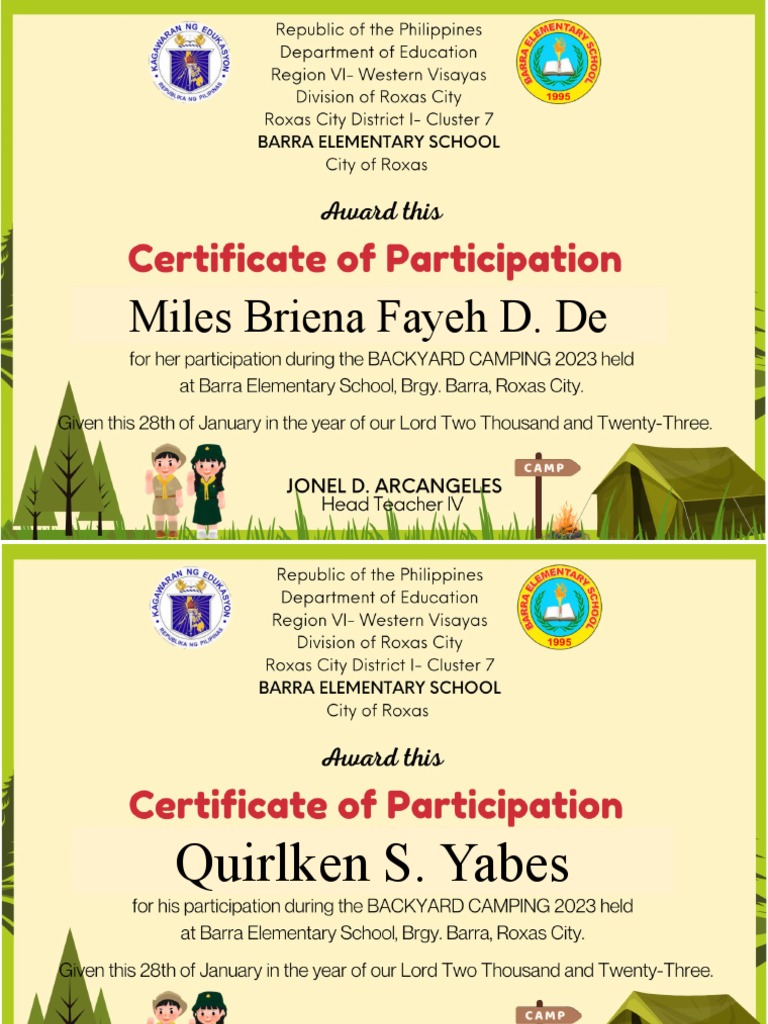 Certificate of Participation For Backyard Camping | PDF