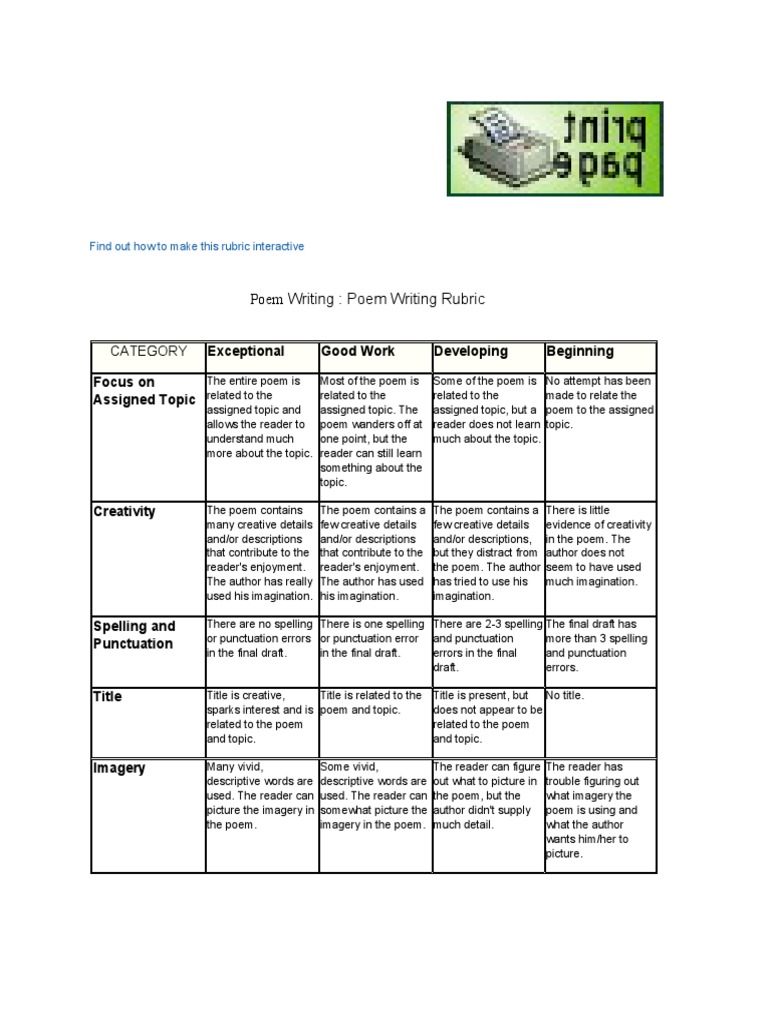 An Interactive Rubric for Evaluating Poem Writing | PDF | Cognition