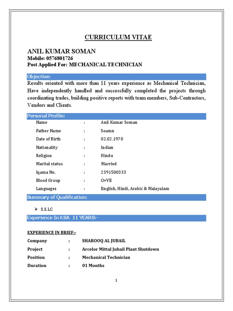 Mechanical Technician CV: Anil Kumar Soman | PDF | Belt (Mechanical) | Valve