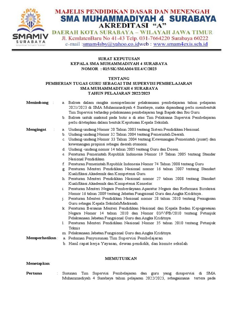 SK Pembagian Tugas Tim Supervisi 2022-2023 | PDF