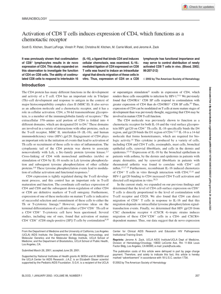 Activation of CD8 T Cells Induces Expression of CD4, Which Functions As A Chemotactic Receptor ...
