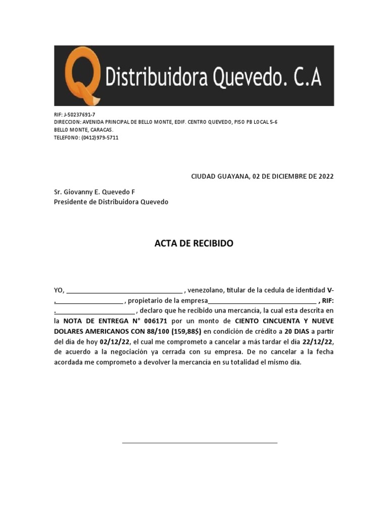 Acta de Recibido 006171 DR Repuesto | PDF