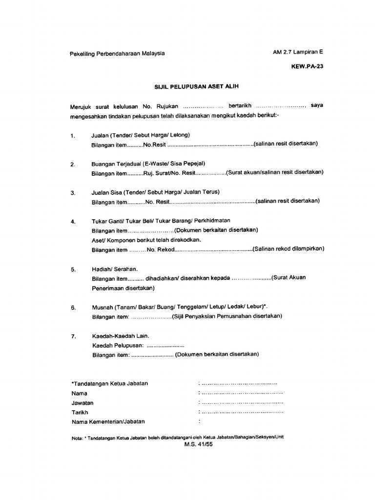 Kew - Pa 23 Sijil Pelupusan Aset Alih | PDF