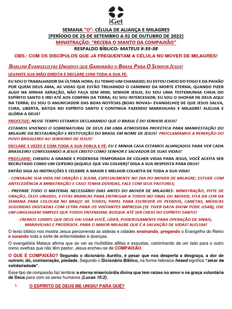 Ministrações Células De Aliança E Milagres Periodo De 25 09 A 19 11 De