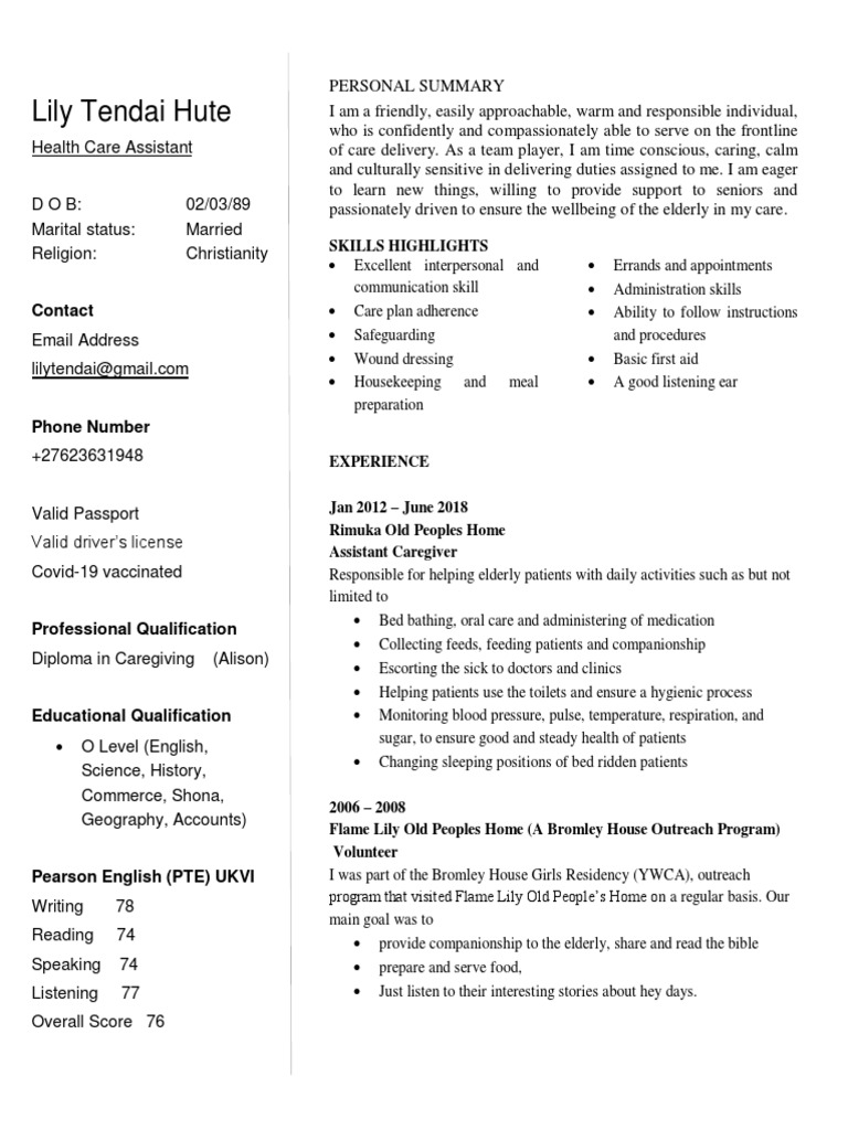 Lily T Hute CV... | PDF | Caregiver | Health Care
