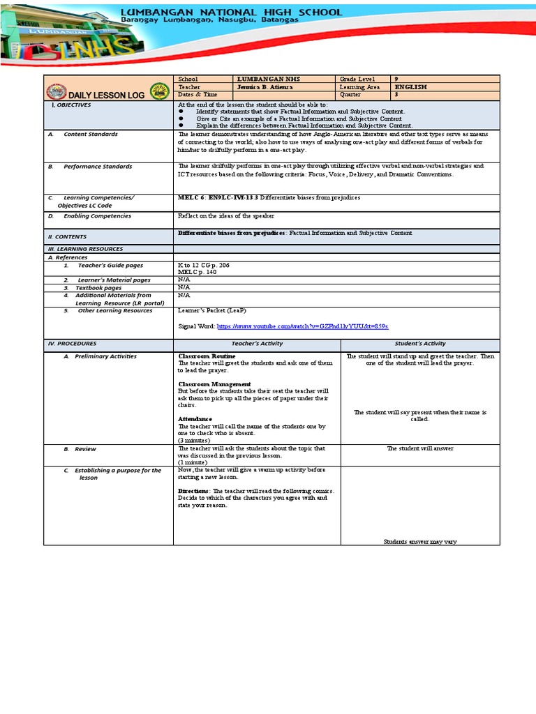 DLP - Grade 9 Day 1 | PDF | Teachers | Truth
