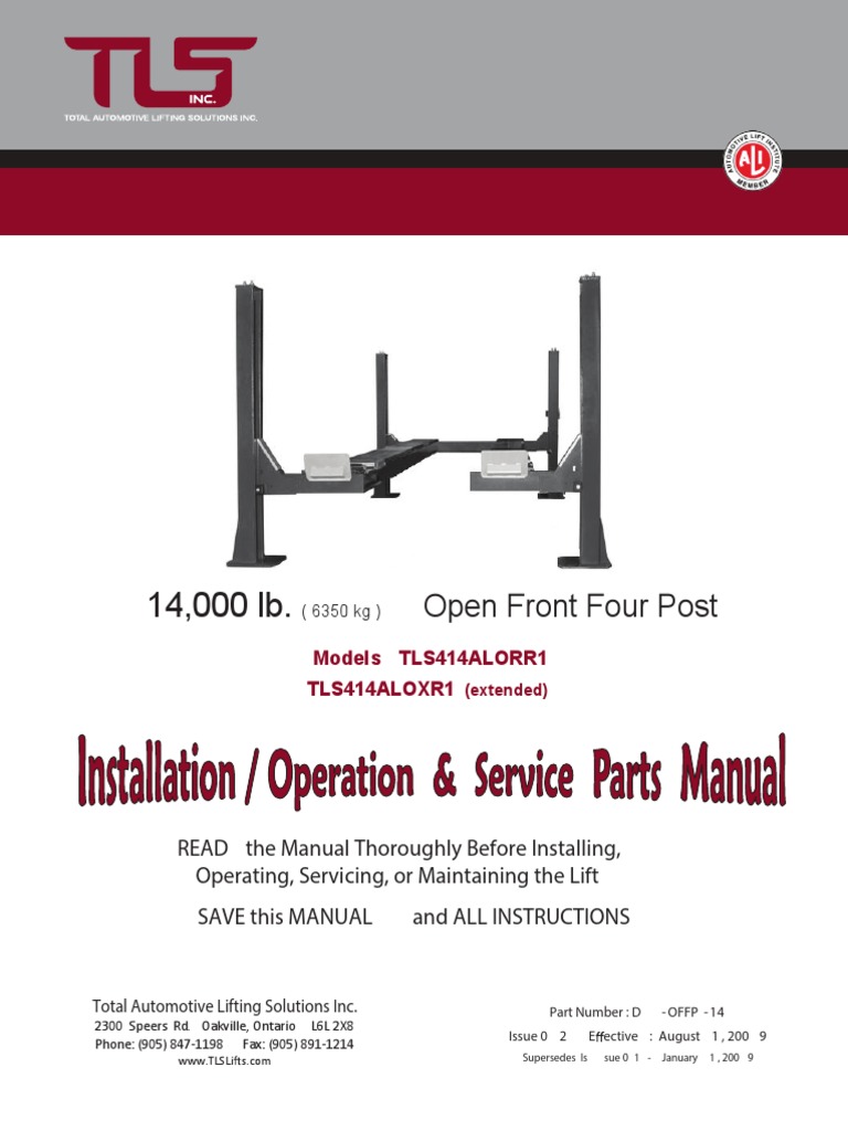 TLS 14K Open Front Four Post Installation Operation Manual Part List ...