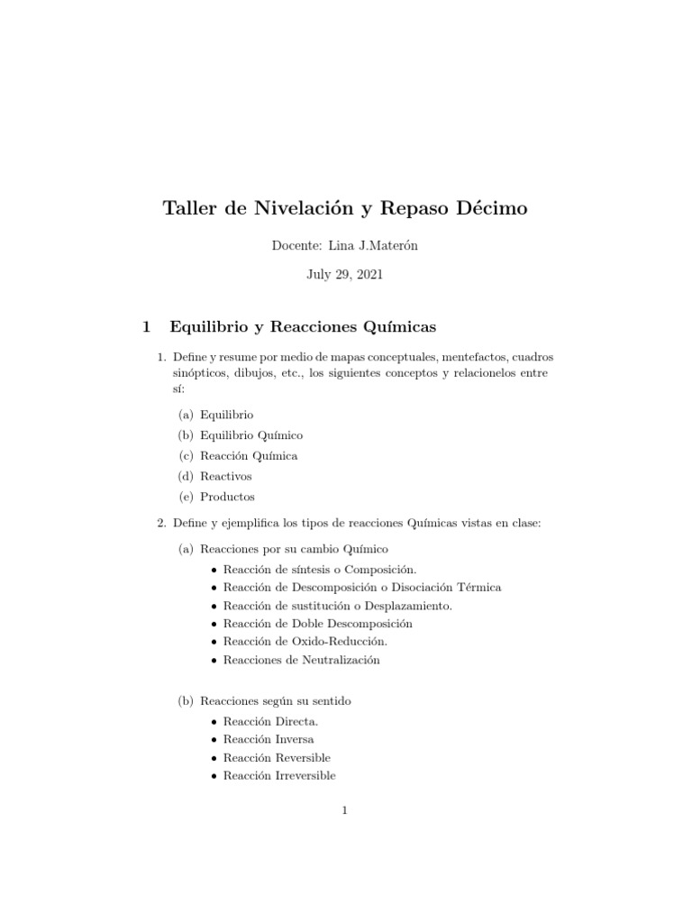 Taller de Nivelación y Repaso Décimo | PDF | Reacciones químicas | Equilibrio químico