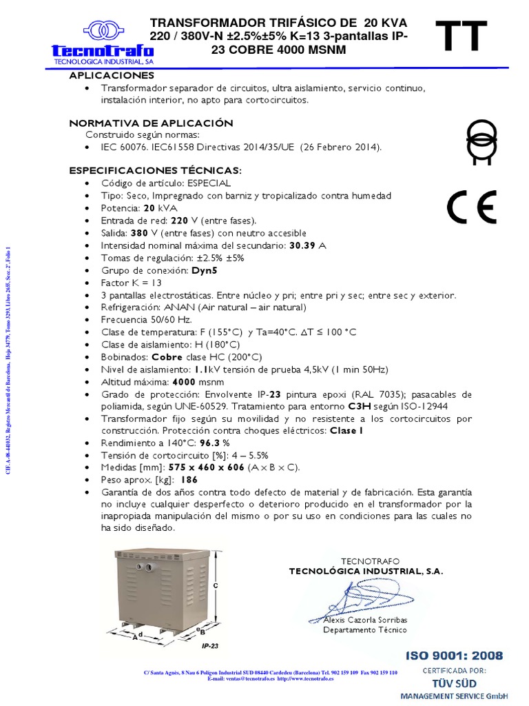 Ee TT TT 20 Kva K13 | PDF | Transformador | Ingenieria Eléctrica