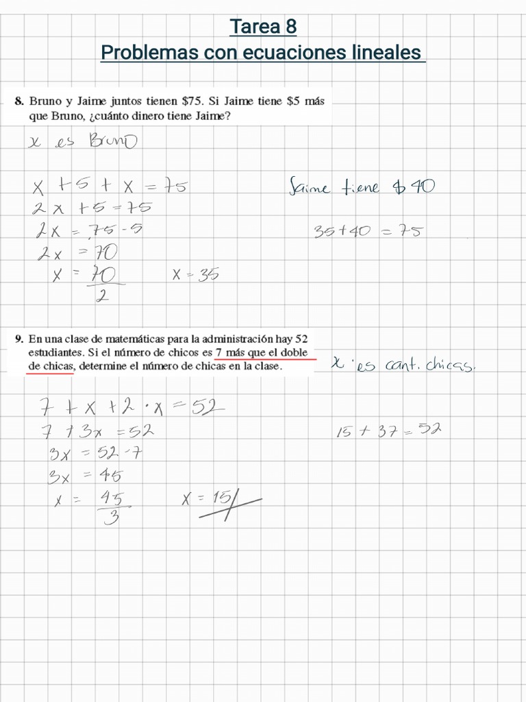 Tarea 8 - Problemas Con Ecuaciones Lineales | PDF