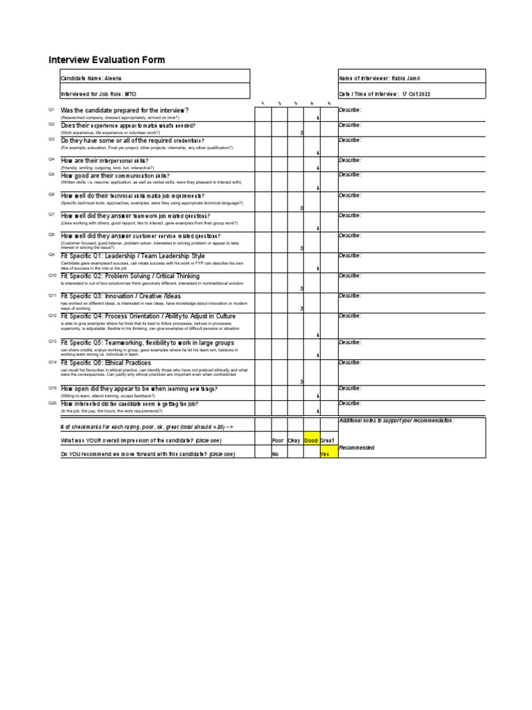 Aleena - Interview Evaluation Form | PDF | Behavioural Sciences | Psychology