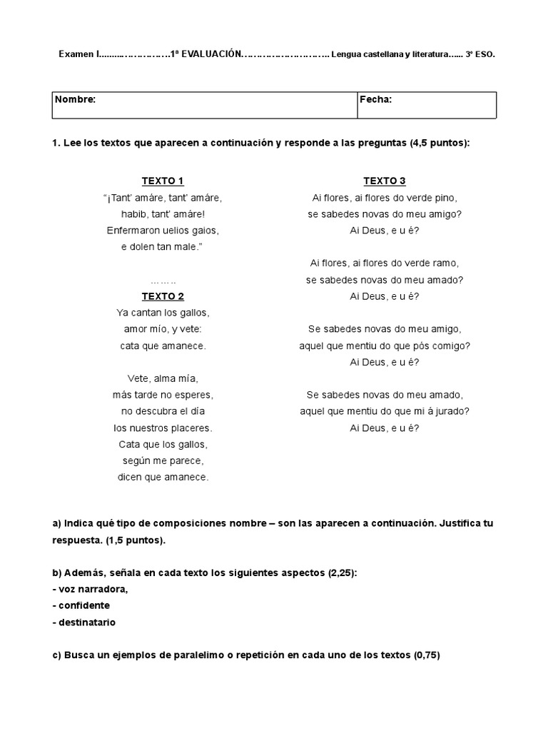 Examen Lengua y Literatura 3º ESO | PDF | Idiomas | Estudios de idiomas ...