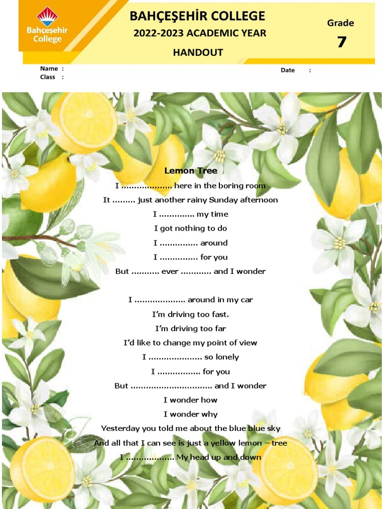 Lemon Tree Song Lyrics Handout | PDF